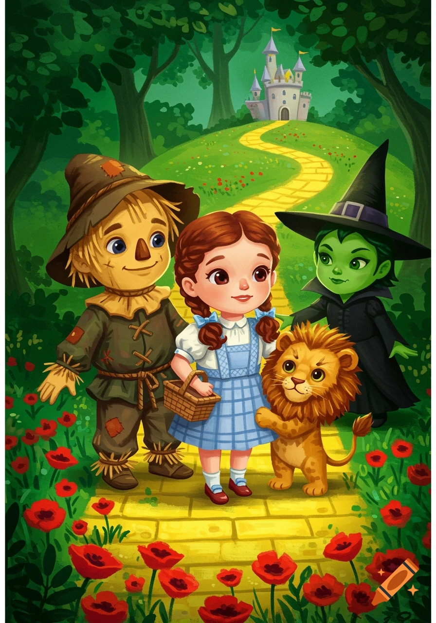 Cute illustration of Wizard of Oz characters Dorothy, Scarecrow, Lion ...