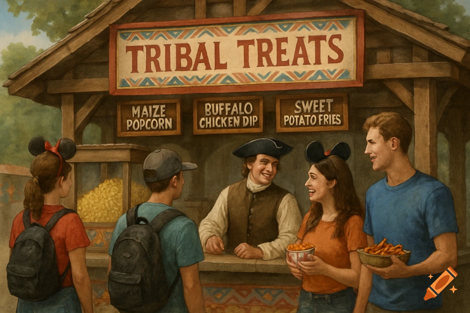 An illustrated image of people at a theme park food stand called Tribal ...