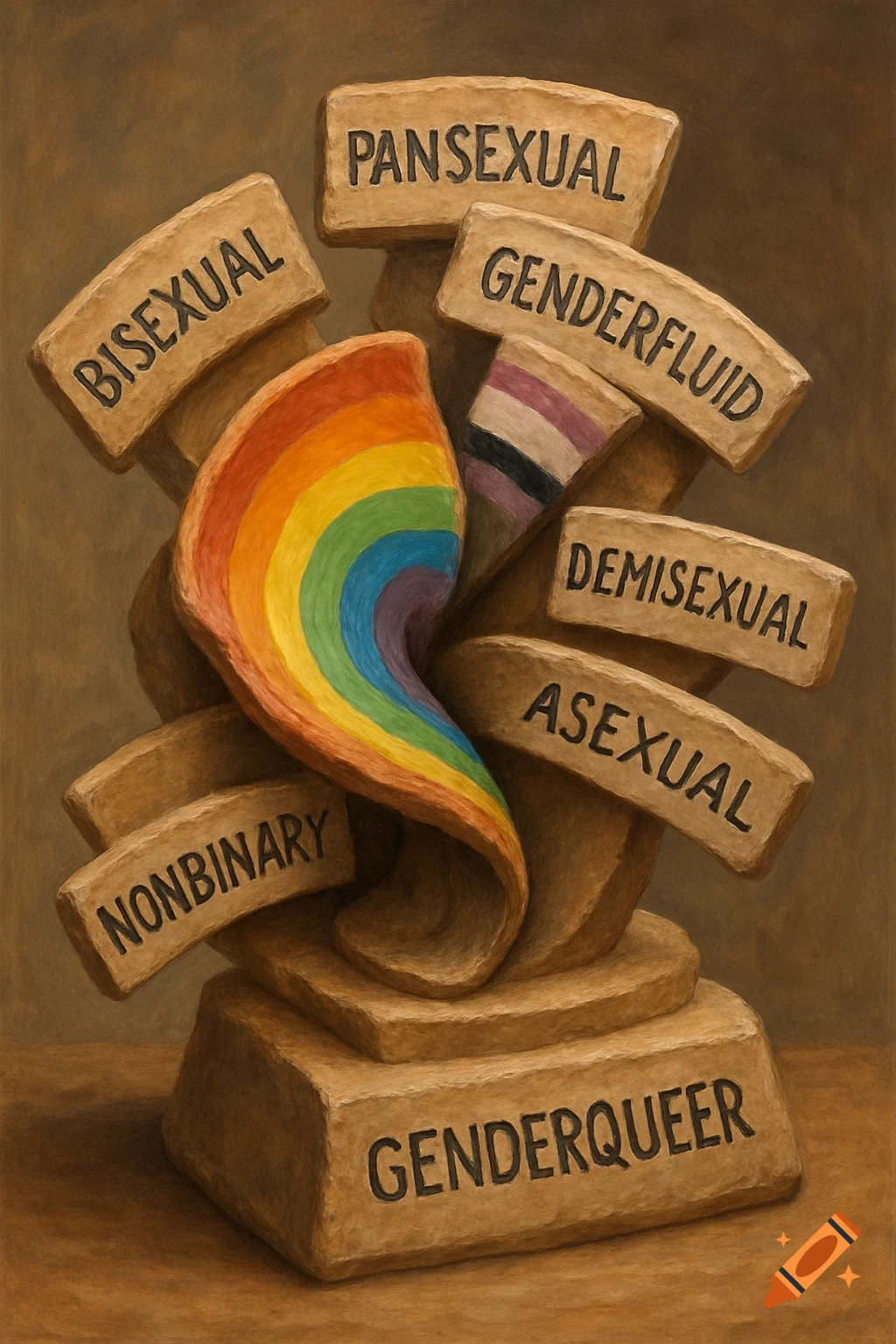 Sculpture with a rainbow element and labels for Pansexual, Genderfluid ...