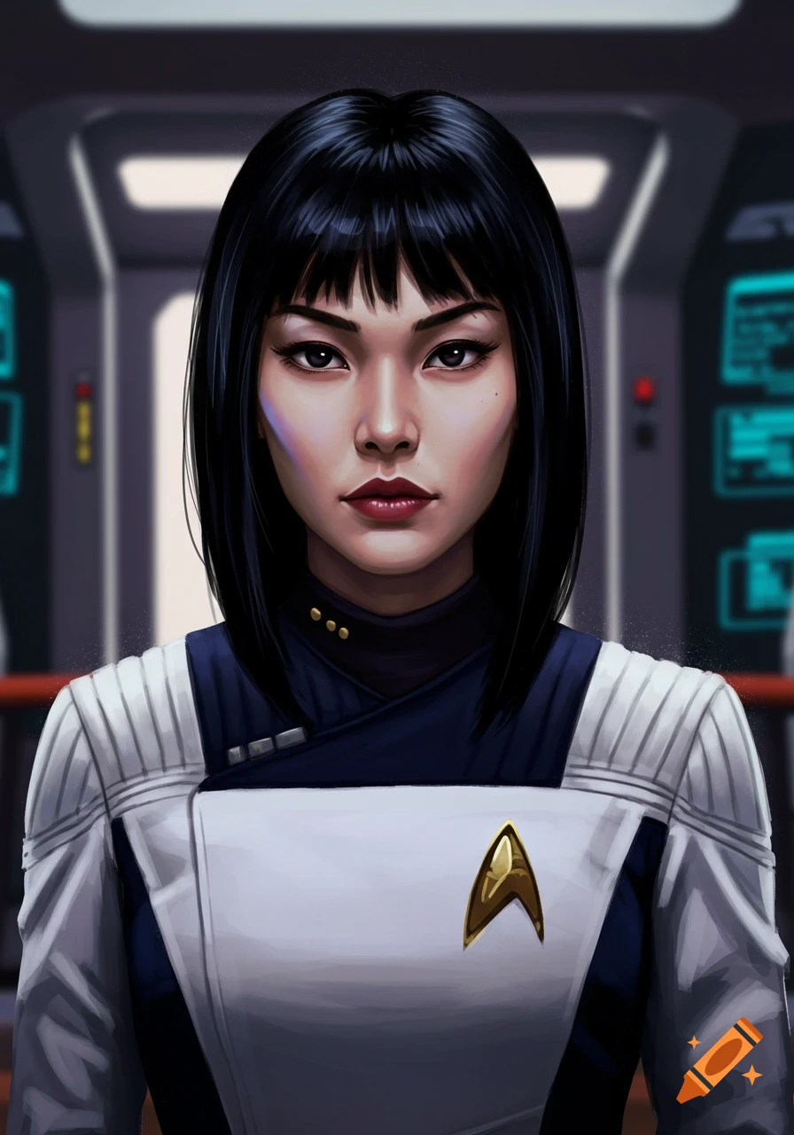 A portrait of a woman with black hair and a Starfleet uniform on a ...