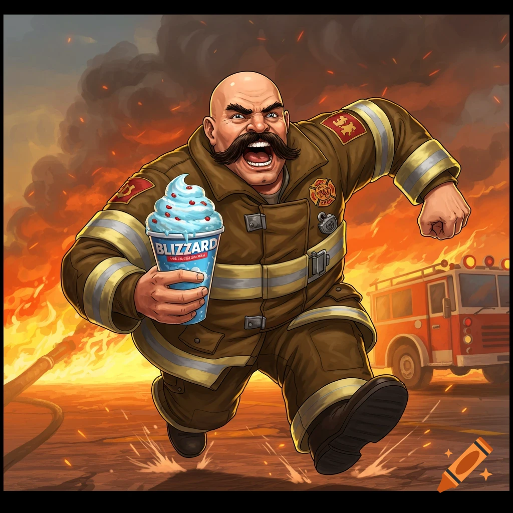 Illustration of a bald firefighter with a mustache running from a fire ...