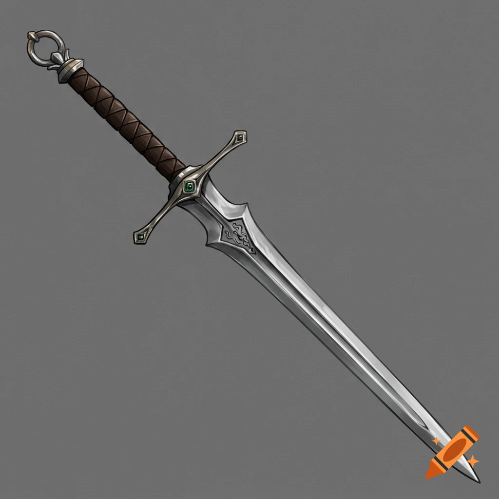 A detailed drawing of a fantasy sword with a brown leather-wrapped hilt ...