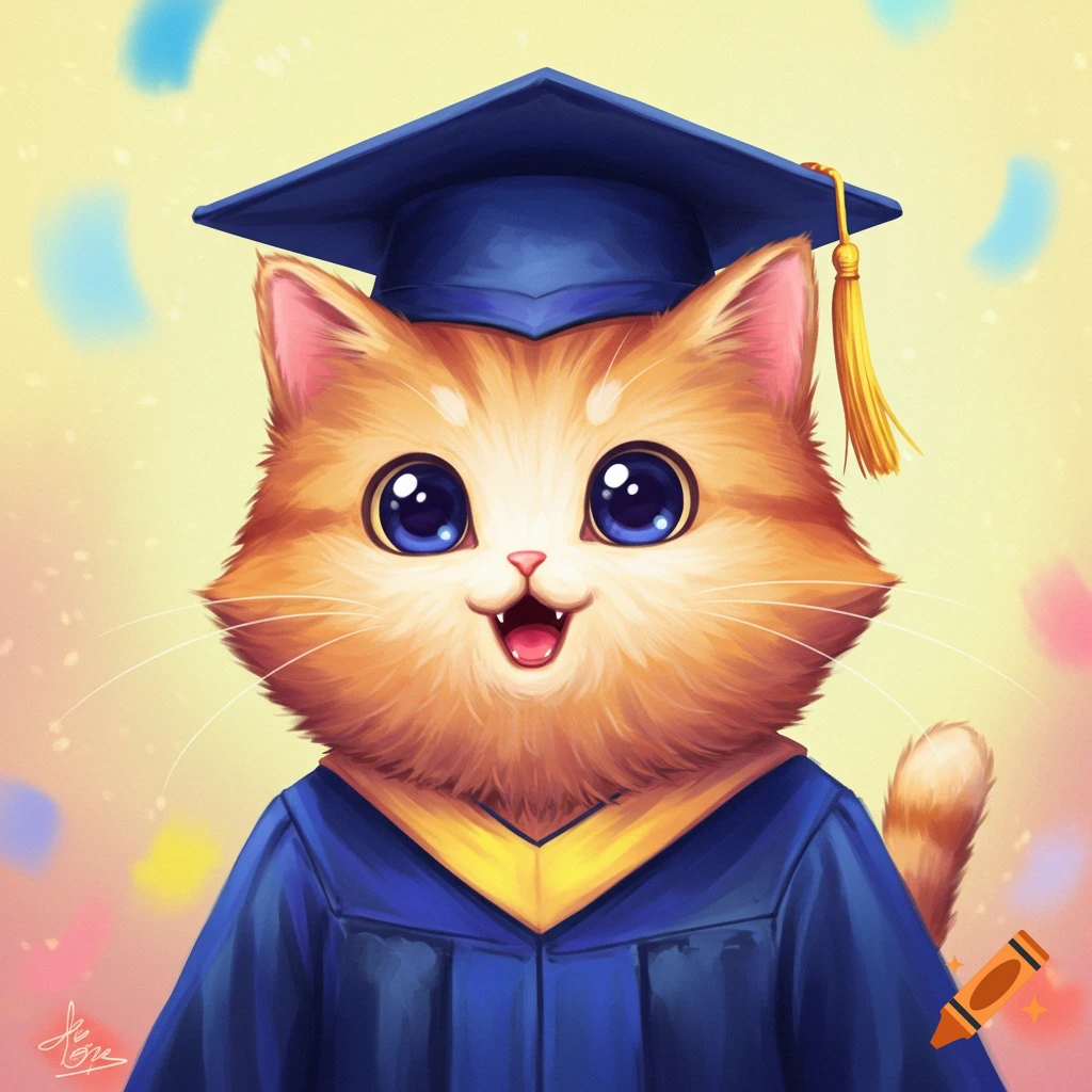 A cute orange tabby cat wears a blue graduation cap and gown with ...