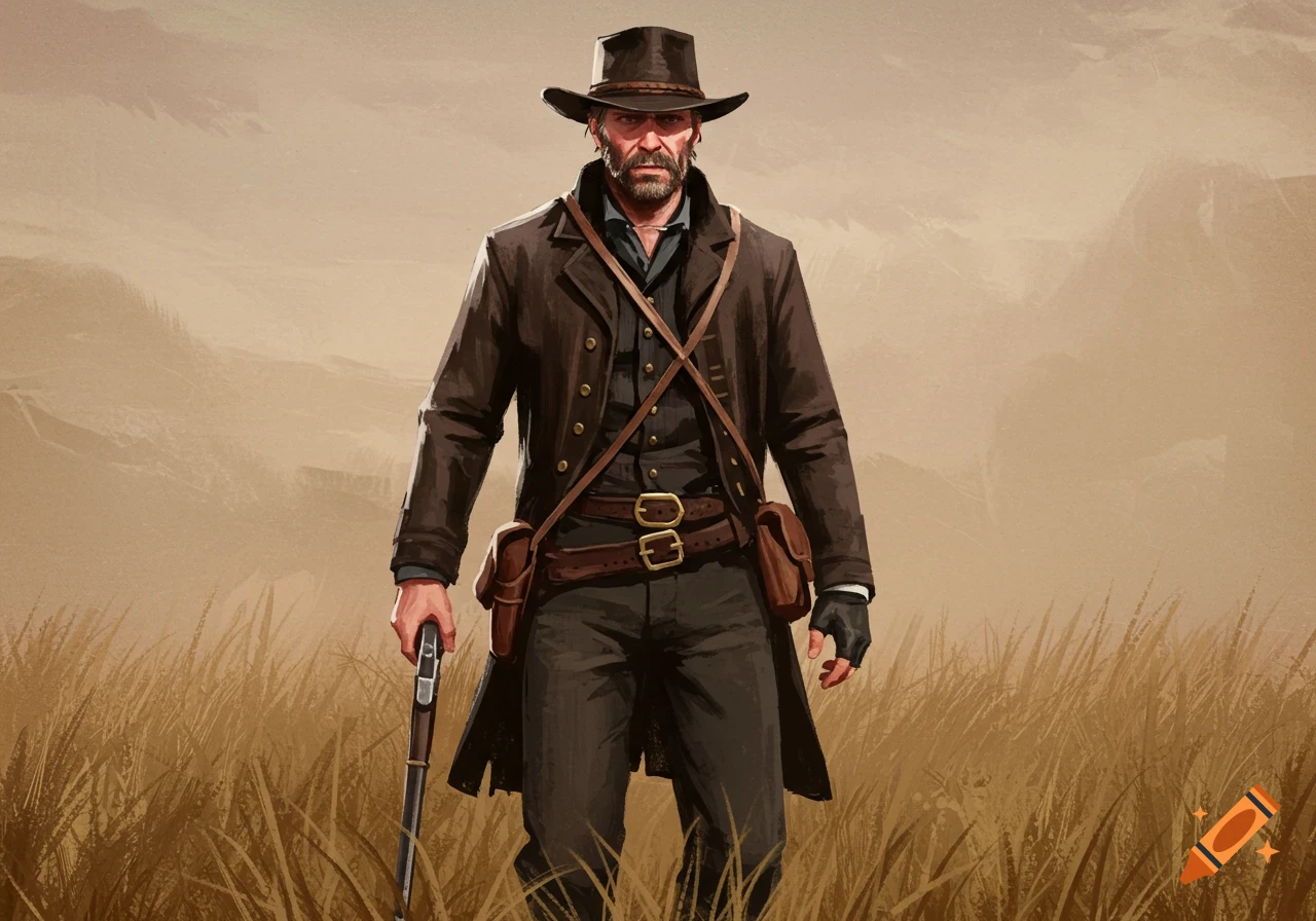 Man in cowboy hat and duster coat with a rifle standing in tall grass ...