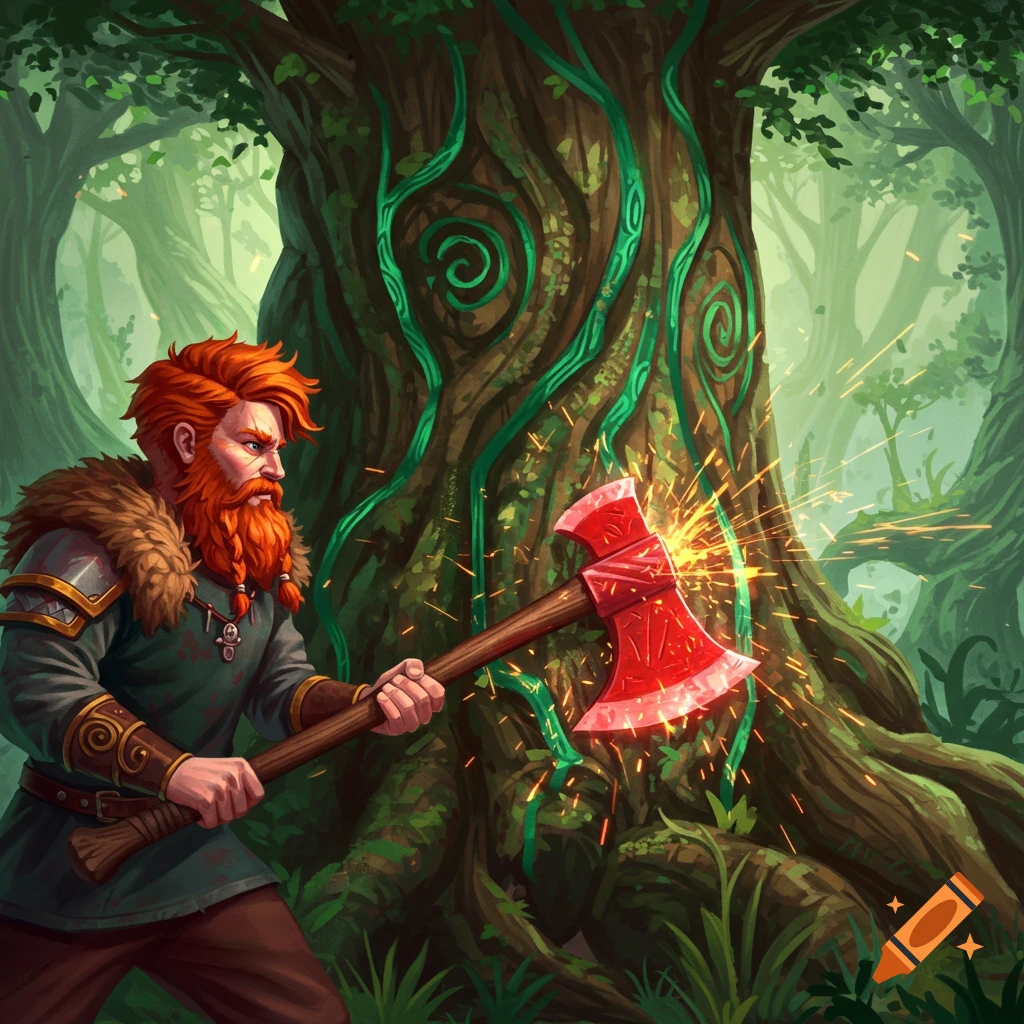 Ginger-haired man with red beard cuts a glowing magic tree with a red ...