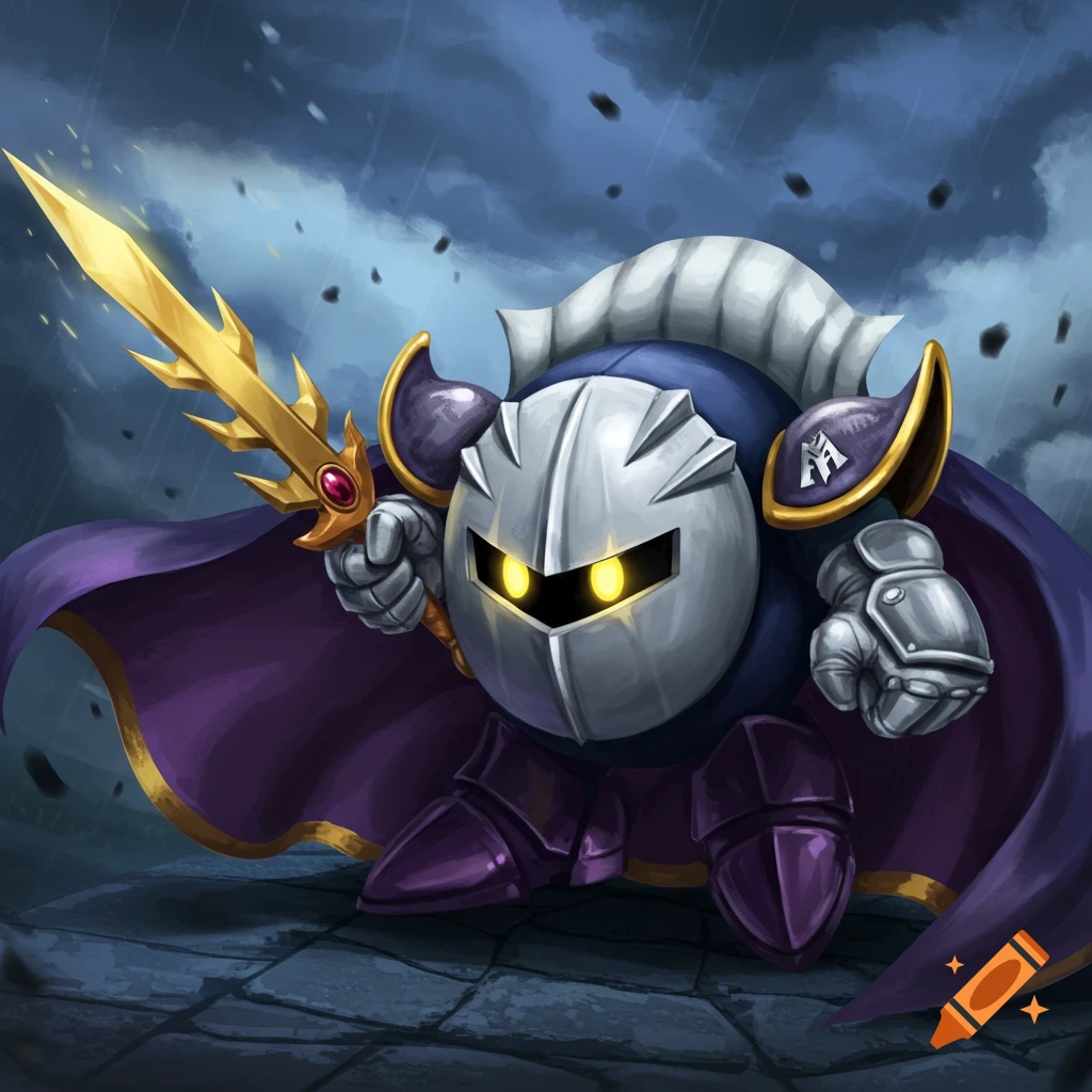 Meta Knight, the Kirby character, stands in rain with a golden sword ...