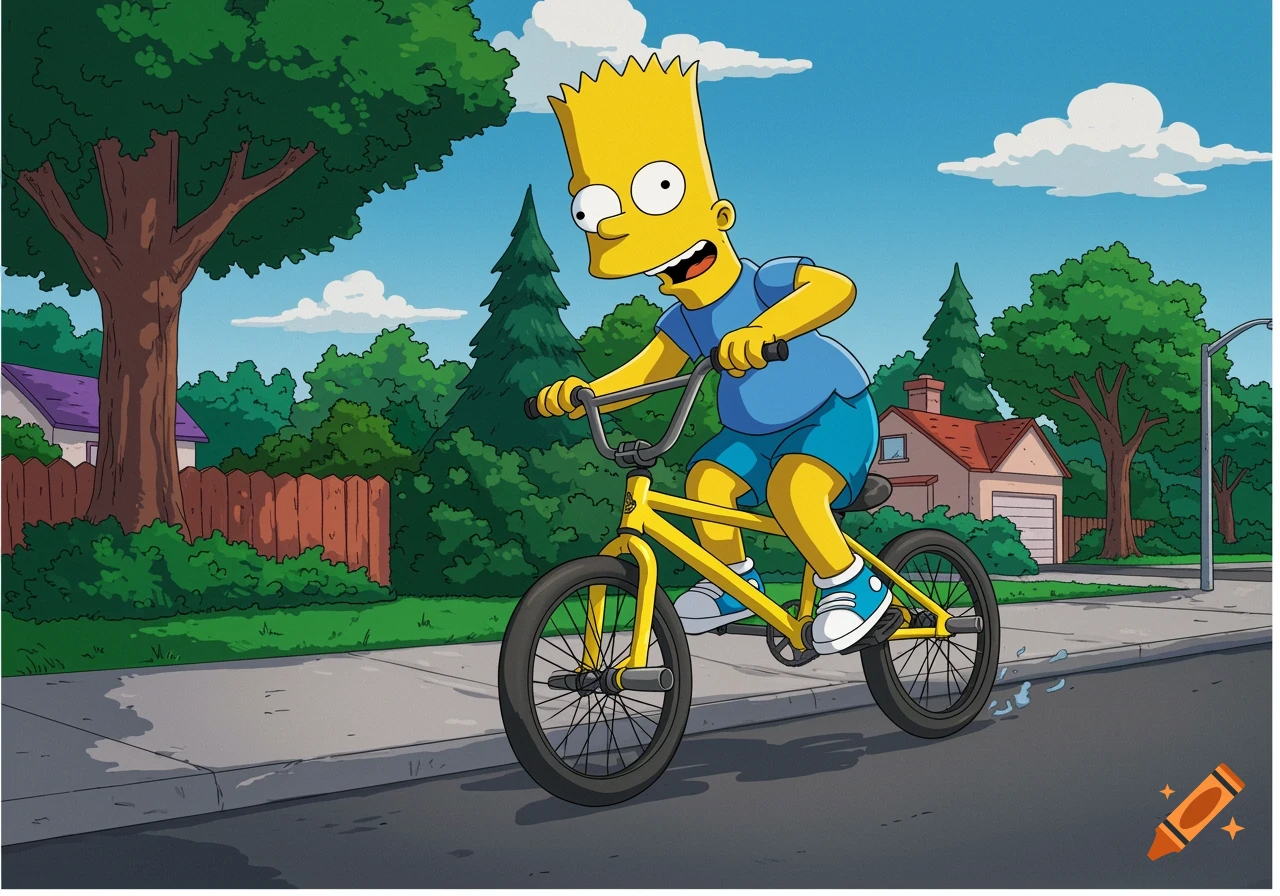 Bart Simpson rides a yellow bicycle down a suburban sidewalk in cartoon style. on Craiyon