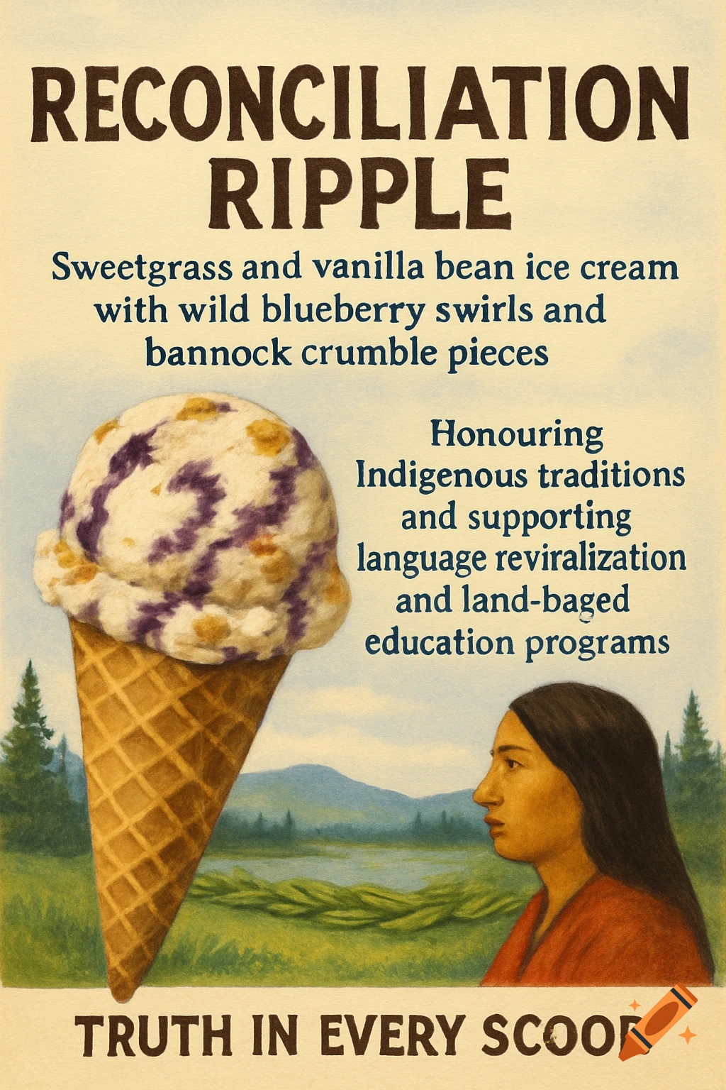 Painting of an ice cream cone with text including "Reconciliation Ripple" and "Truth in Every ...