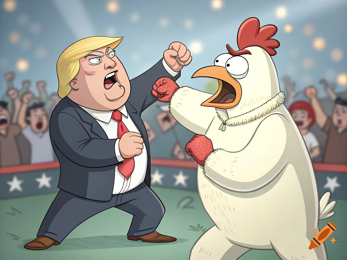 Cartoon of Donald Trump boxing a person in a chicken suit in a ring. on ...