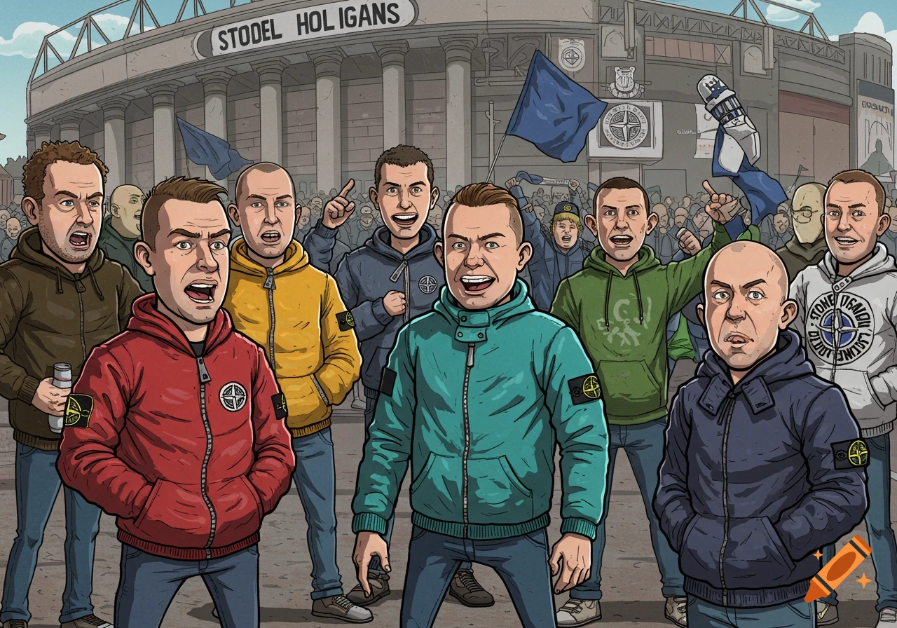 Cartoon illustration of football hooligans wearing jackets standing ...