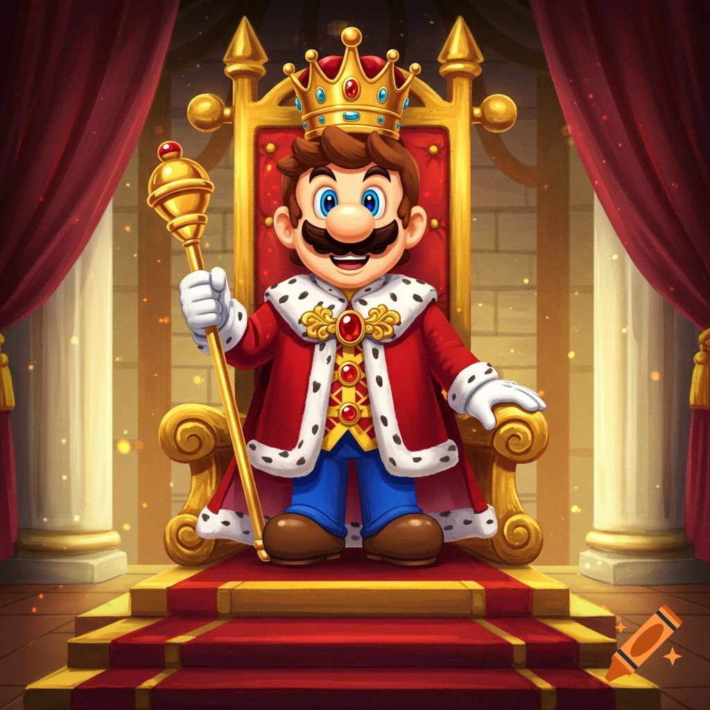 Mario dressed as a king sits on a golden throne, holding a scepter. on ...