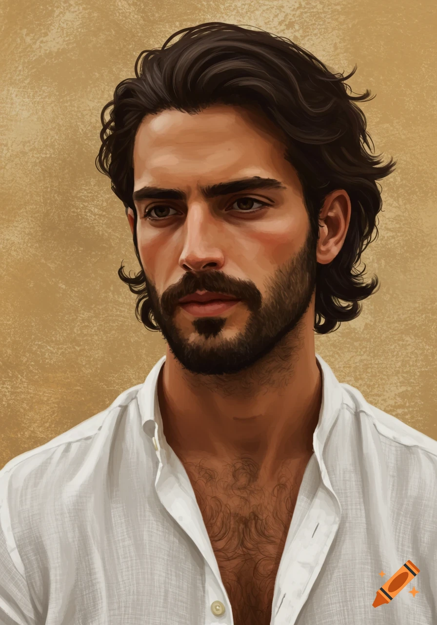 Realistic portrait painting of an Italian man with a beard and longish ...