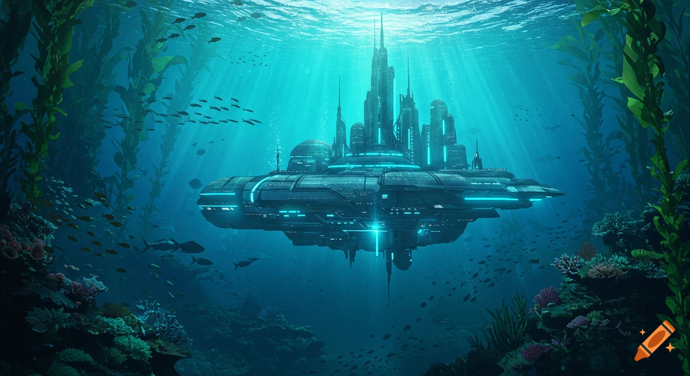 A futuristic base submerged underwater among coral and kelp forests ...