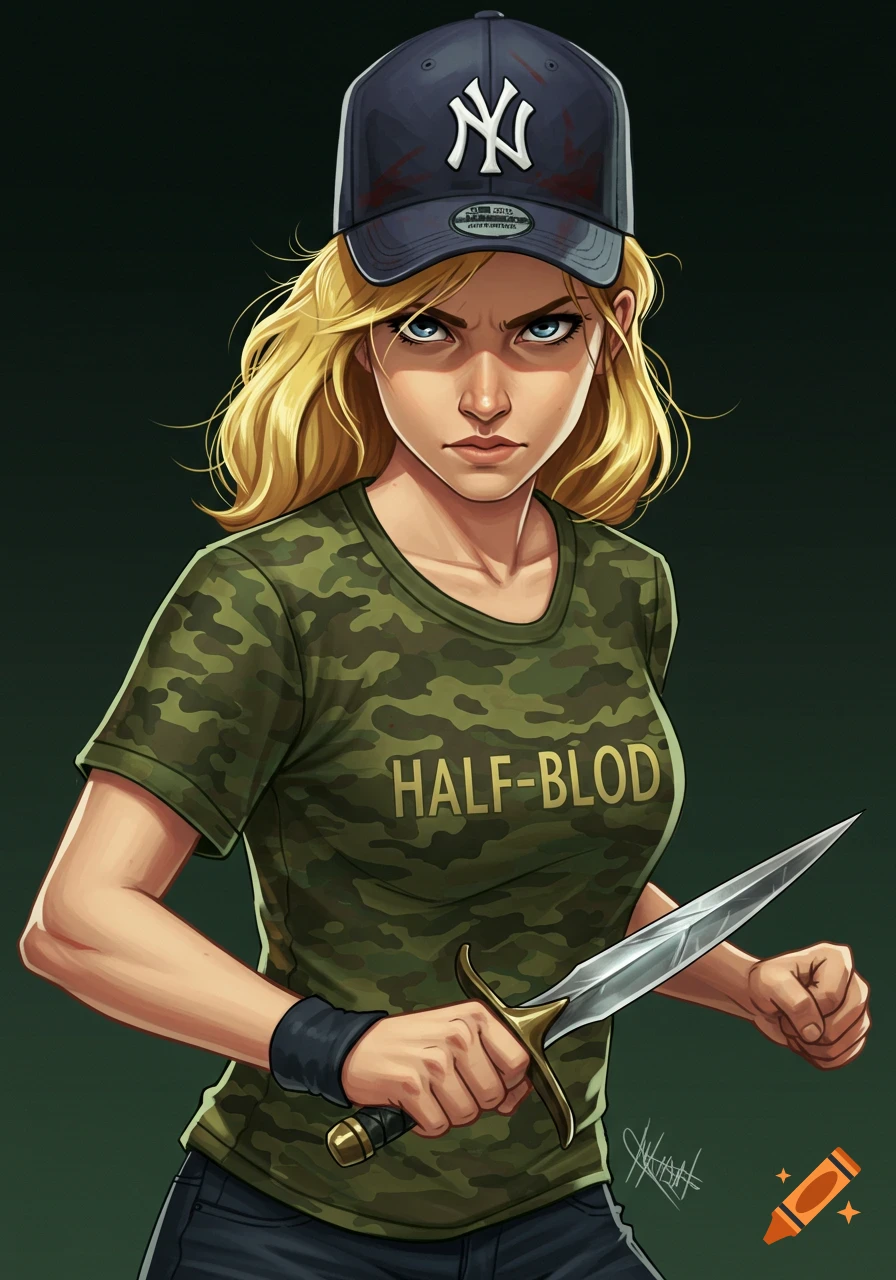 Illustration of Annabeth Chase wearing a Yankees hat and camo shirt ...