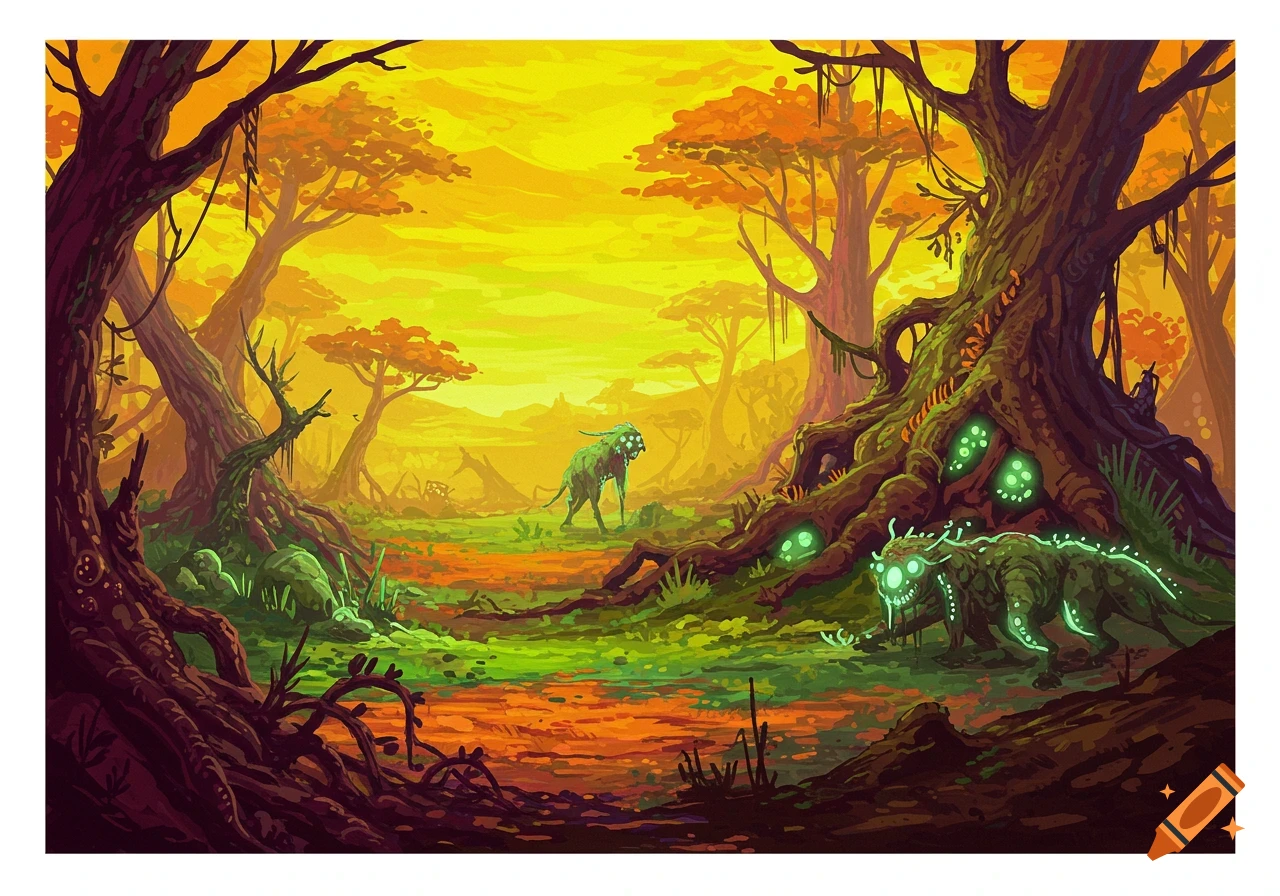 Fantasy landscape with glowing mutated creatures and twisted trees ...