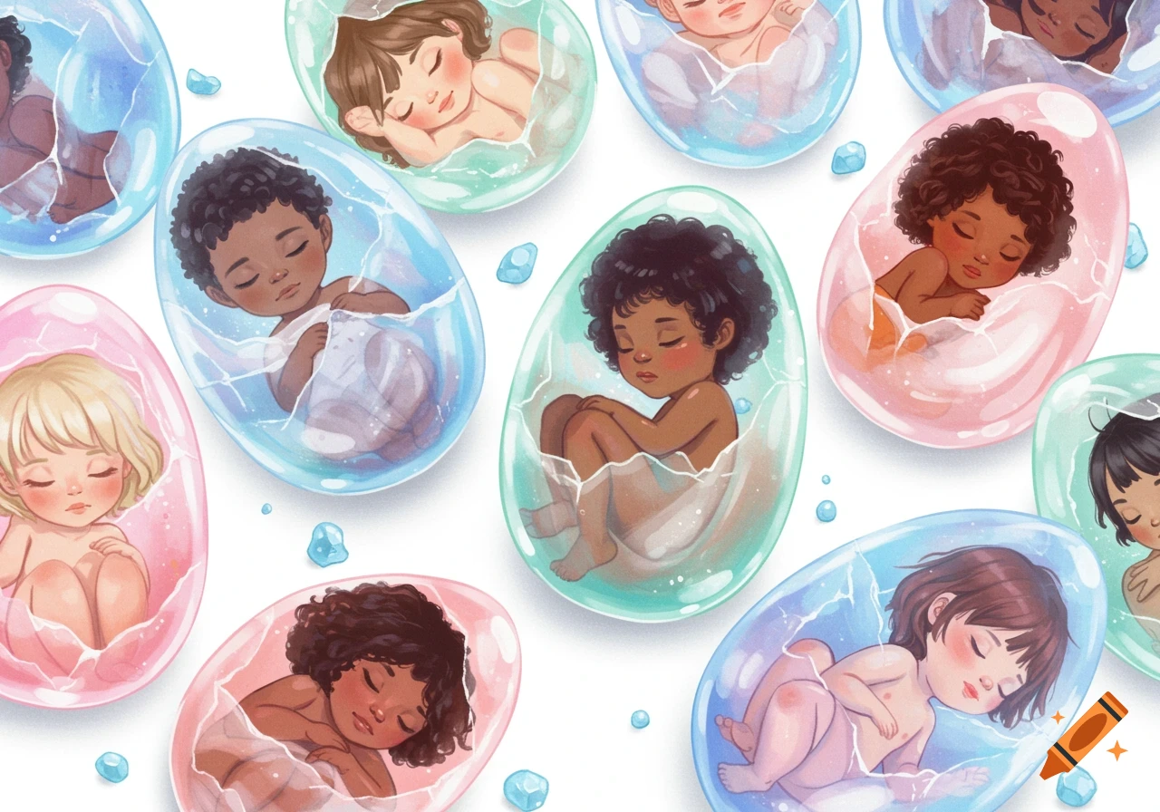 Illustrated scene of multiple sleeping babies in cracked, colorful crystal eggs. on Craiyon