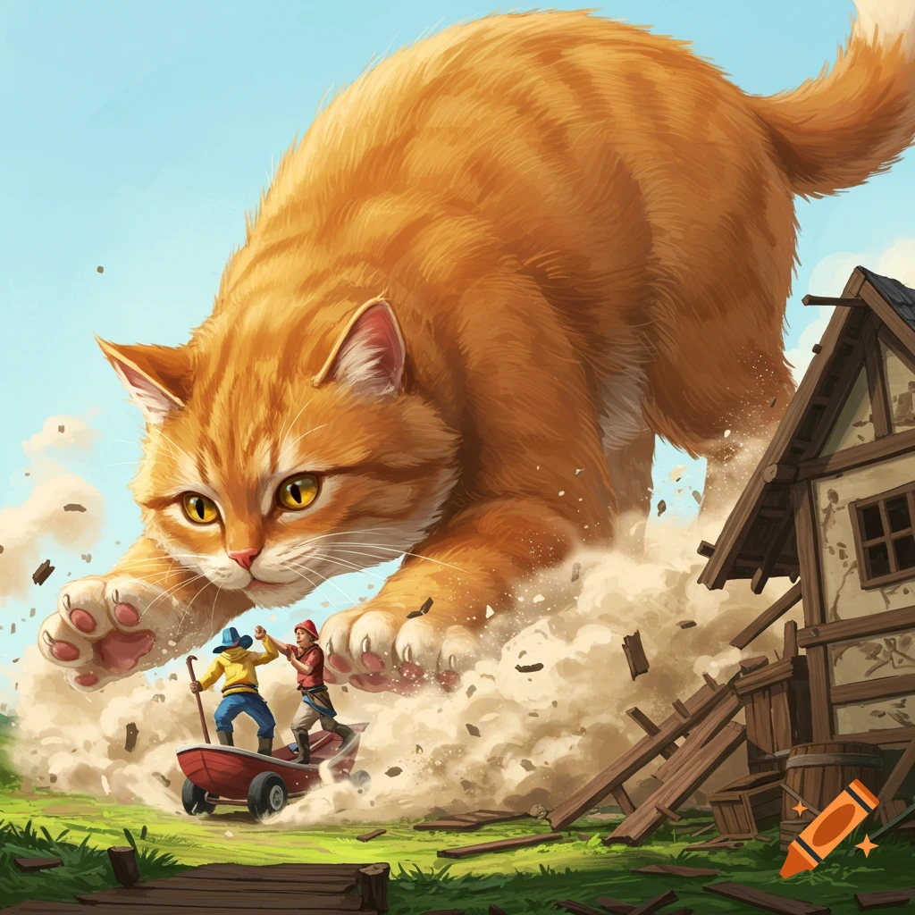Giant orange cat demolishes a house as two tiny people flee in a boat ...