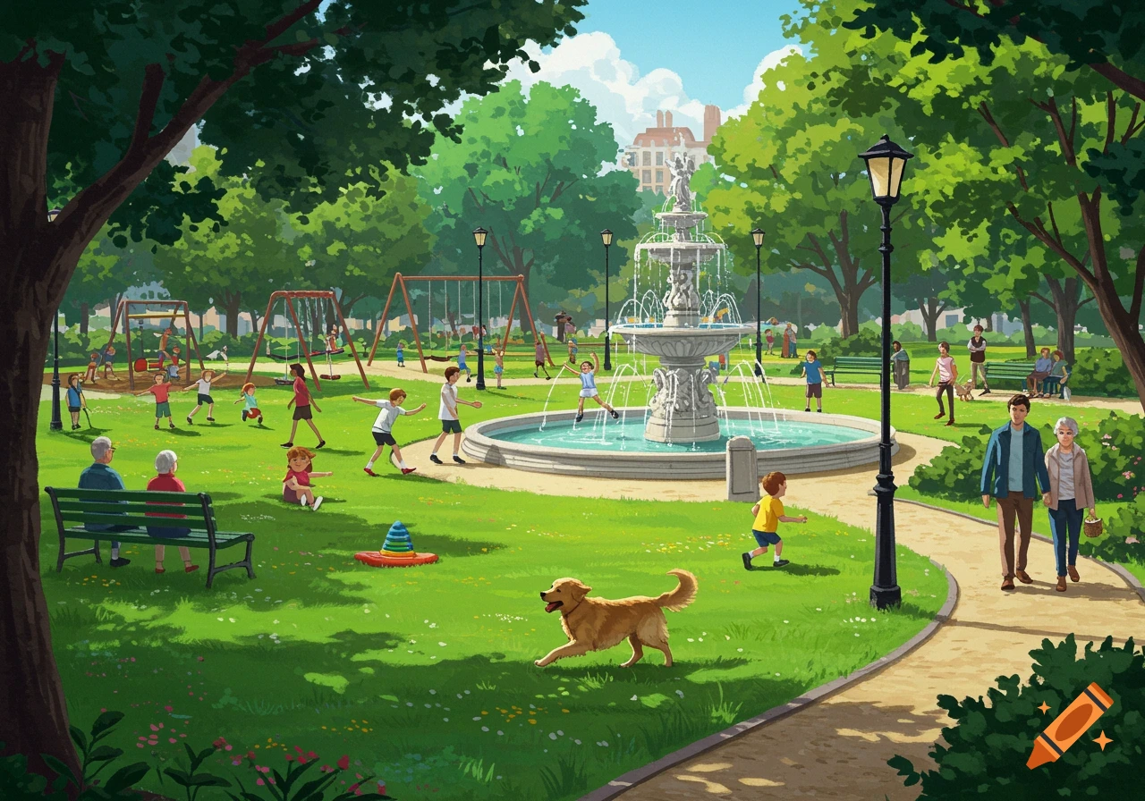 Illustration of a busy park scene with a fountain, playground, people ...