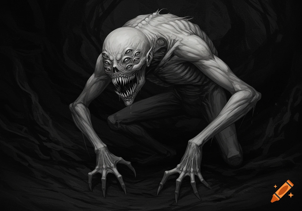 A terrifying, pale, skeletal creature with many eyes and sharp teeth crouches in the dark. on ...