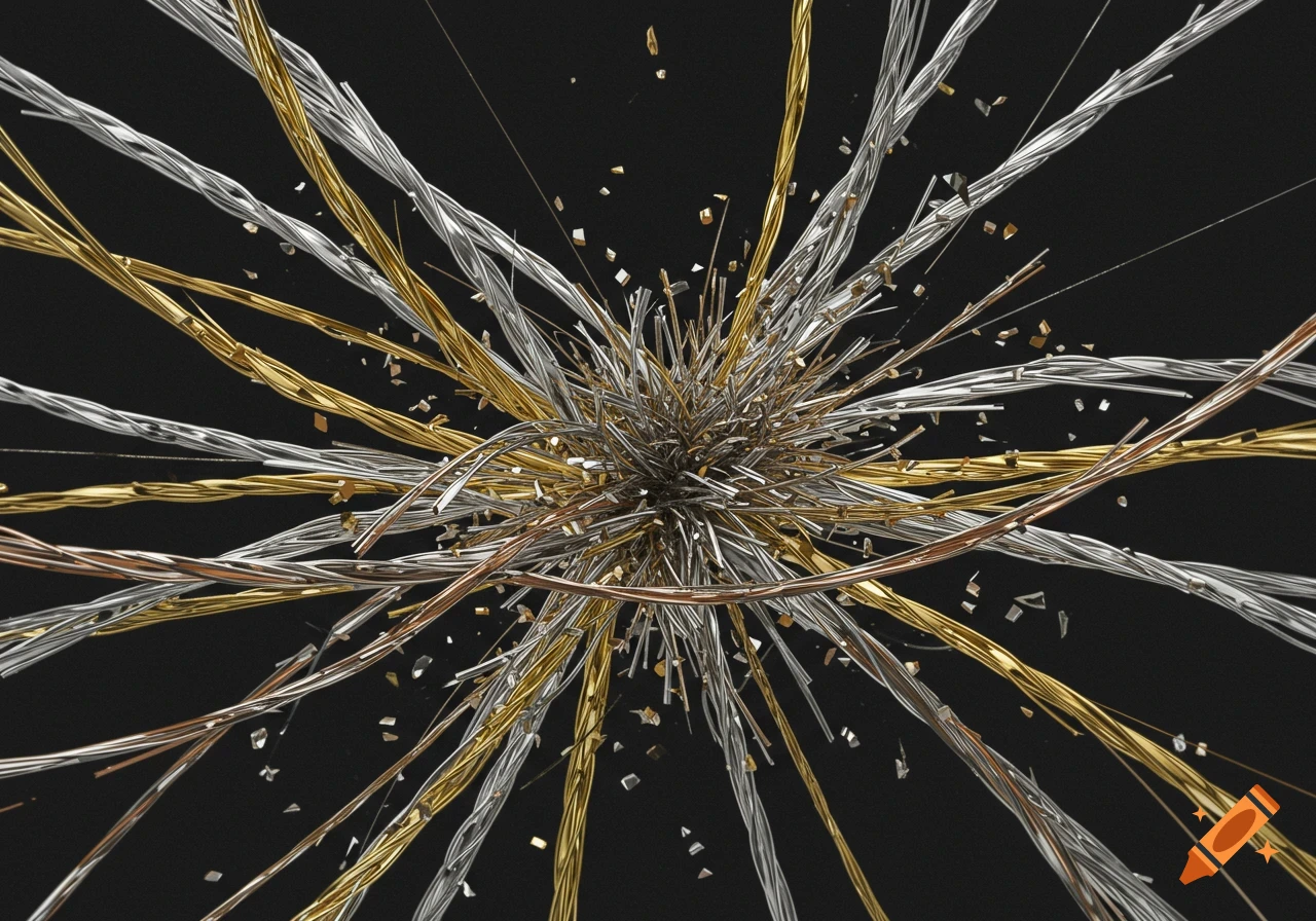 Abstract explosion of silver, gold, and bronze metal wires and shards ...
