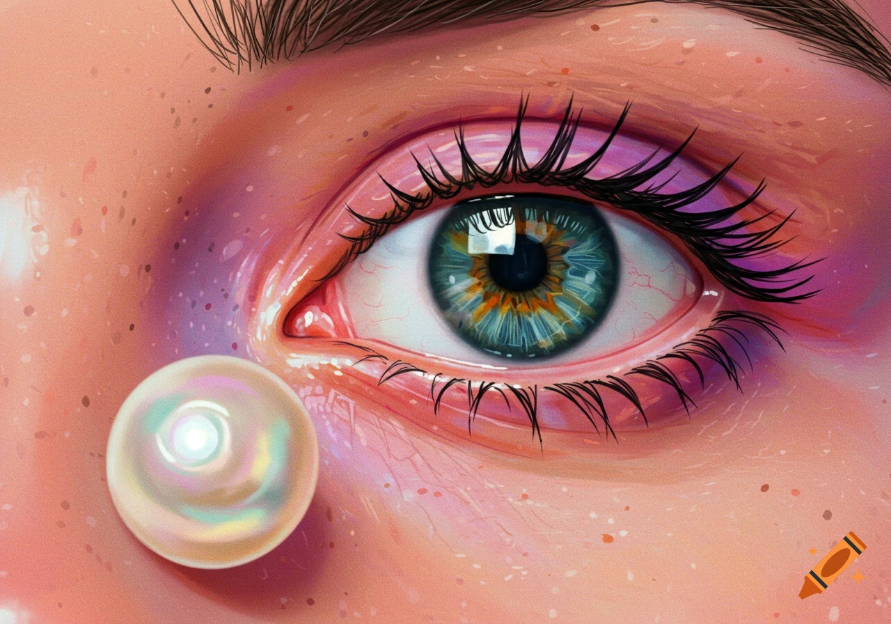 Detailed artistic close-up of a human eye looking at a reflective pearl ...