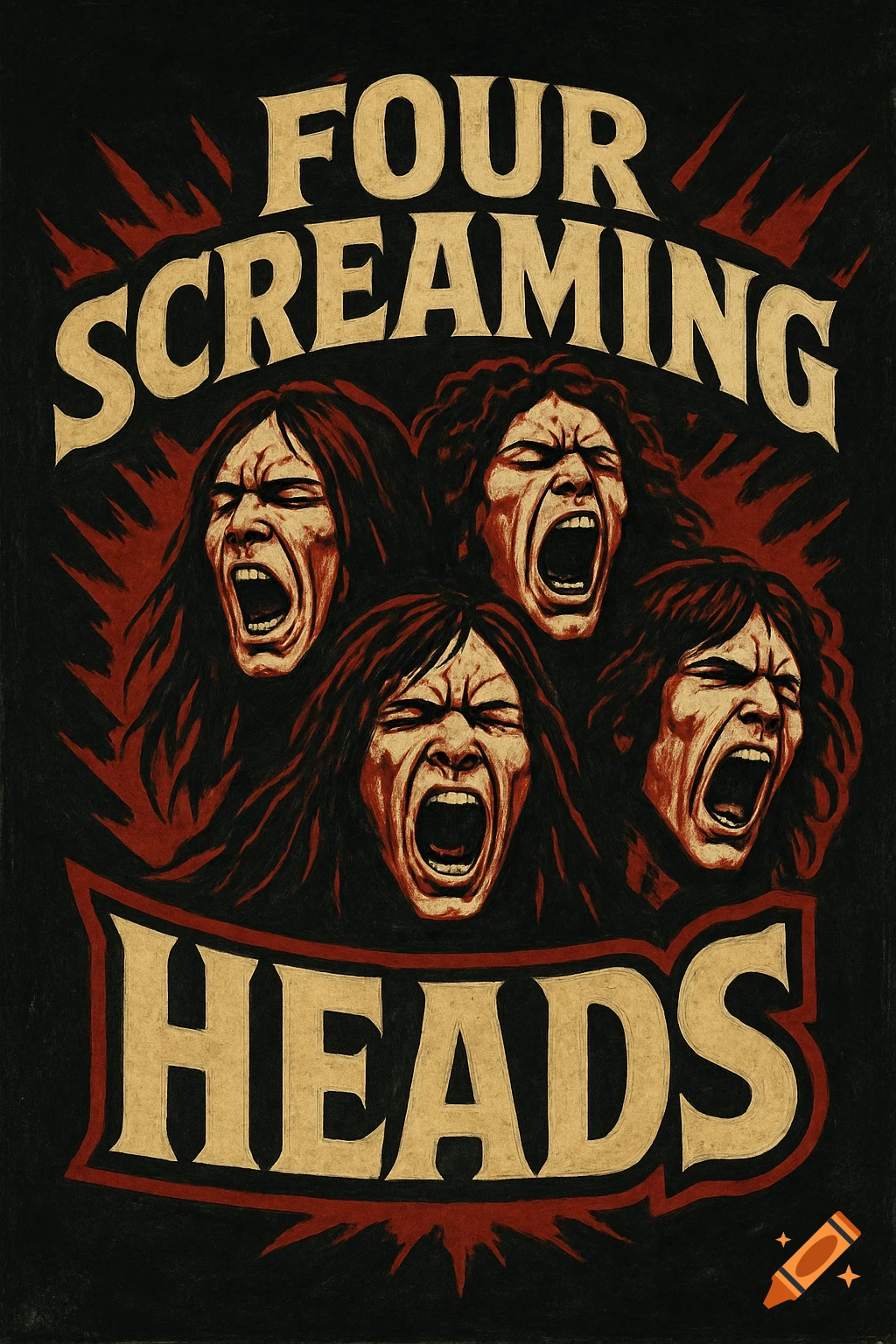 Stylized band poster with the text 'FOUR SCREAMING HEADS' and four ...