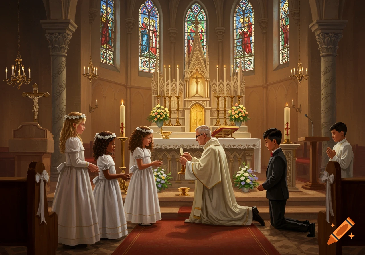 Painting of children receiving First Holy Communion from a priest in a ...
