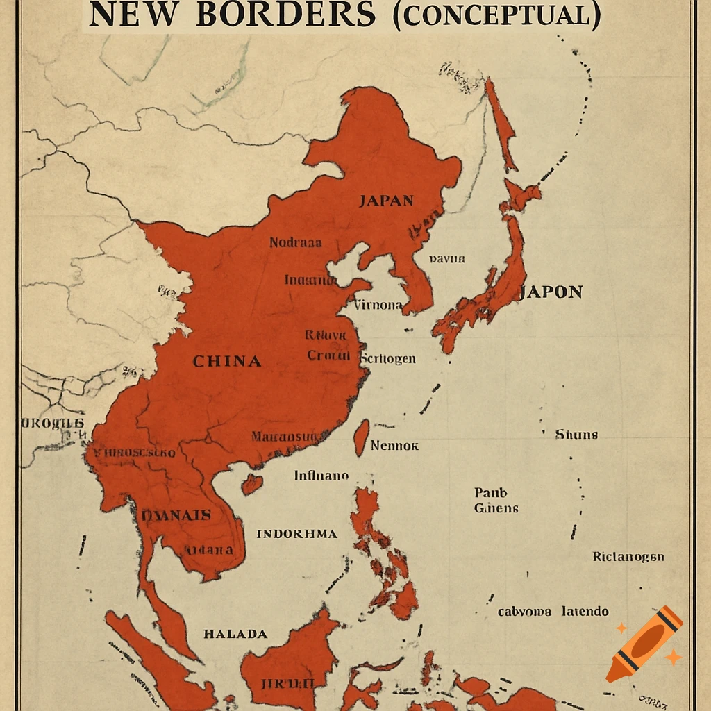 Antique-style map showing alternate borders of East Asia, with a large ...