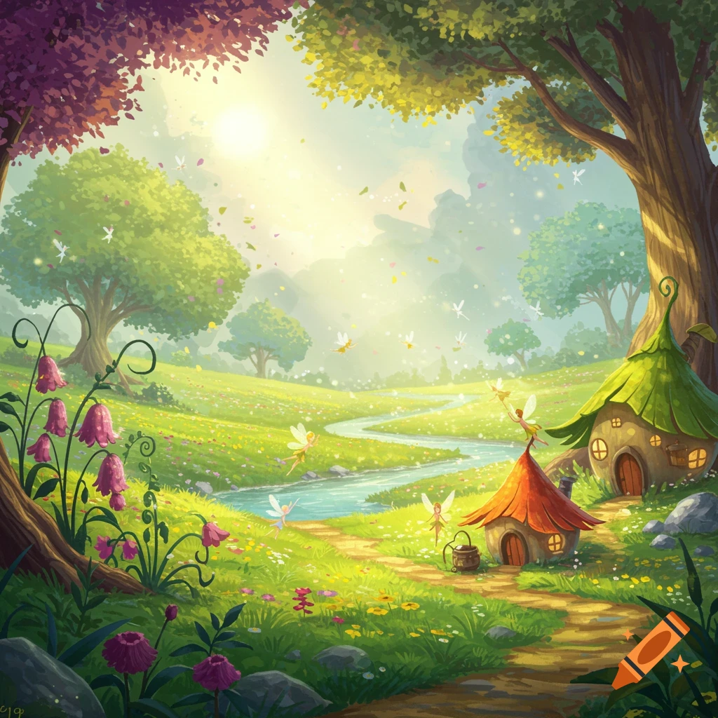 A whimsical fantasy illustration of a sunny forest meadow with a stream ...