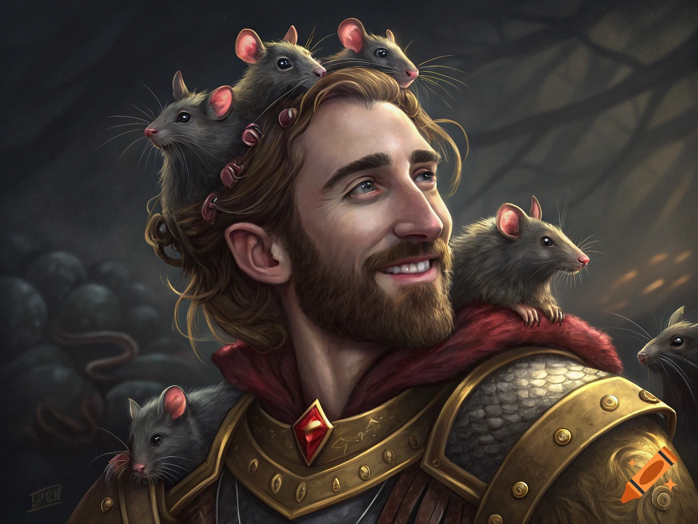 Fantasy portrait of a smiling man in armor with rats on his head and ...