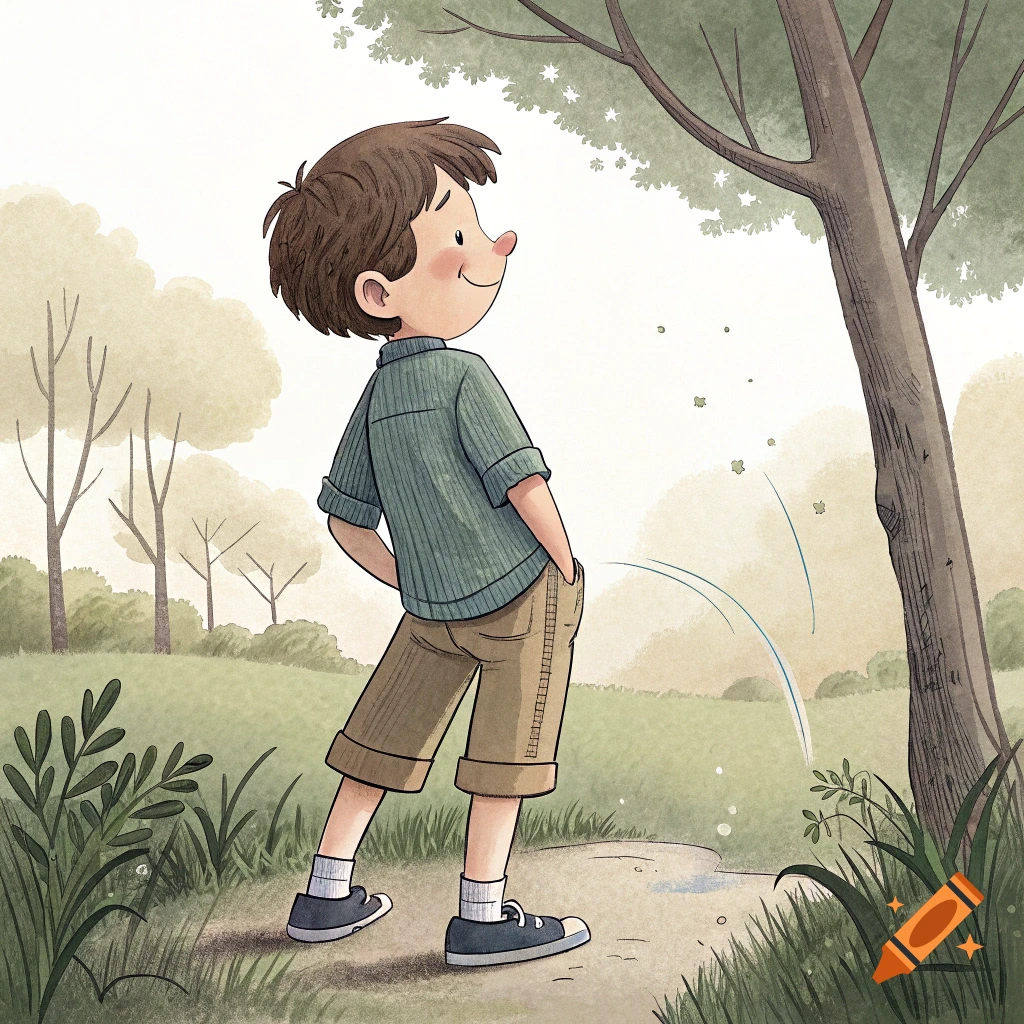 Illustration of a boy peeing outdoors by a tree. on Craiyon