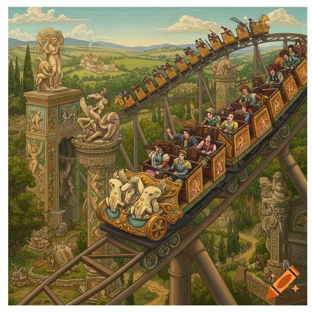 Ornate Renaissance-themed roller coaster traveling through a classical ...