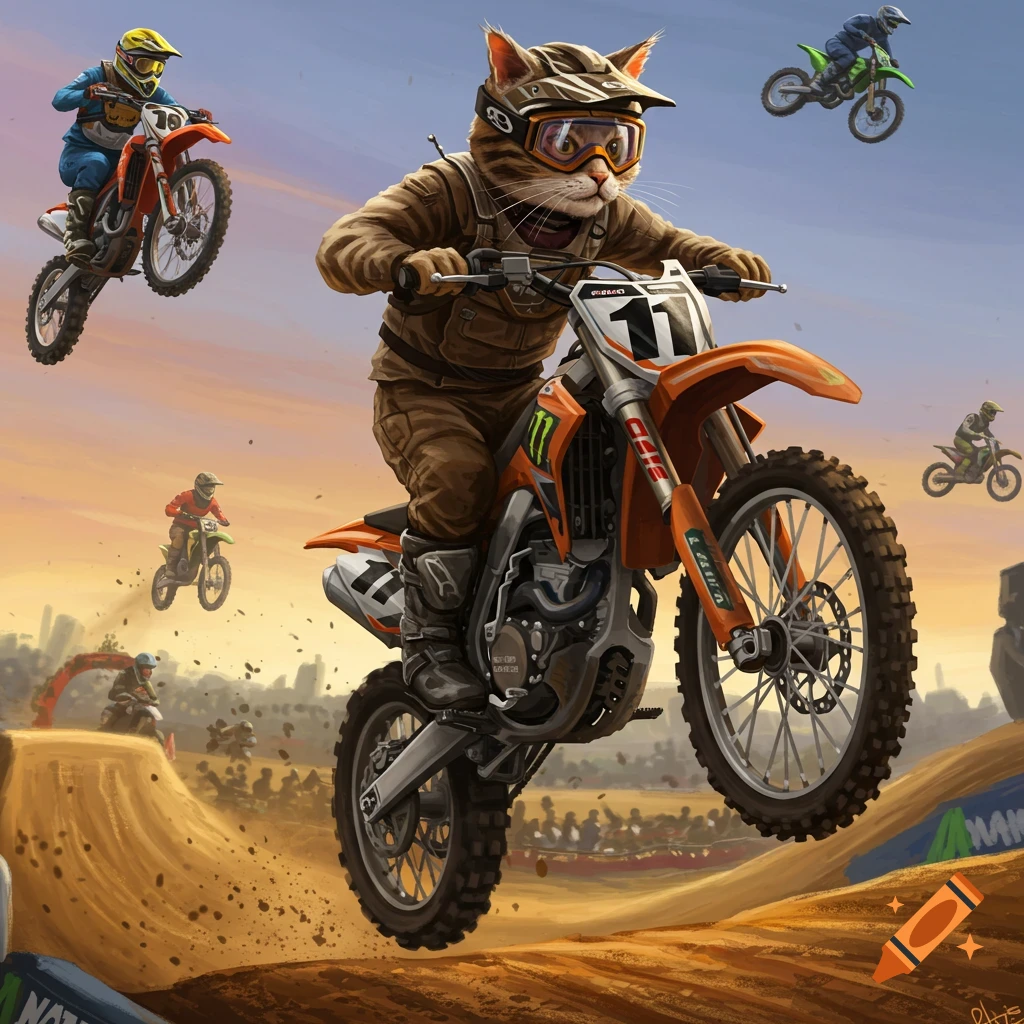 Illustration of a cat in motocross gear jumping a dirt bike on a track ...