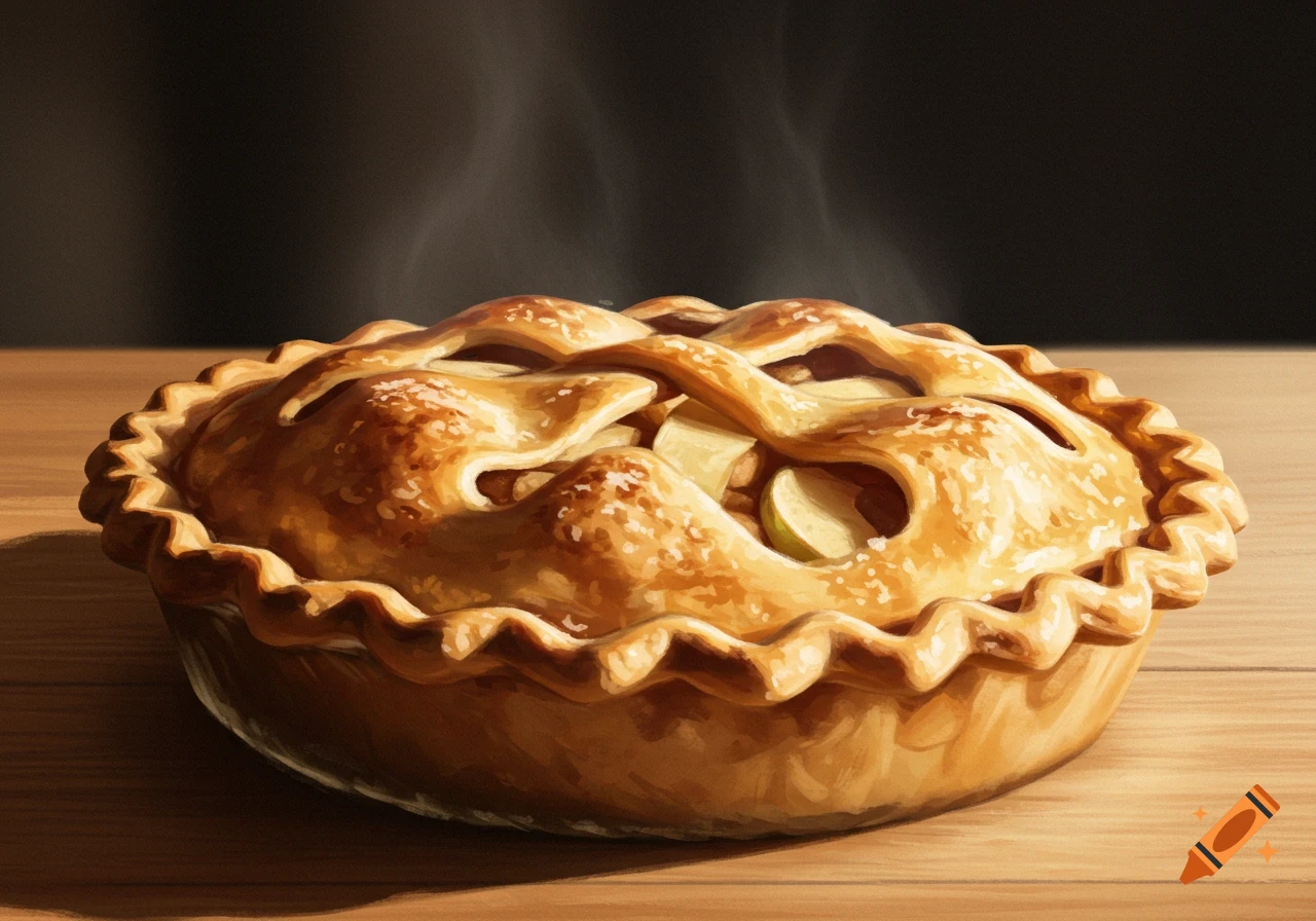 A steaming apple pie with a lattice crust sits on a wooden table. on ...