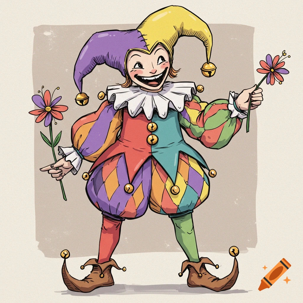 An illustration of a smiling jester in a colorful costume holding two ...
