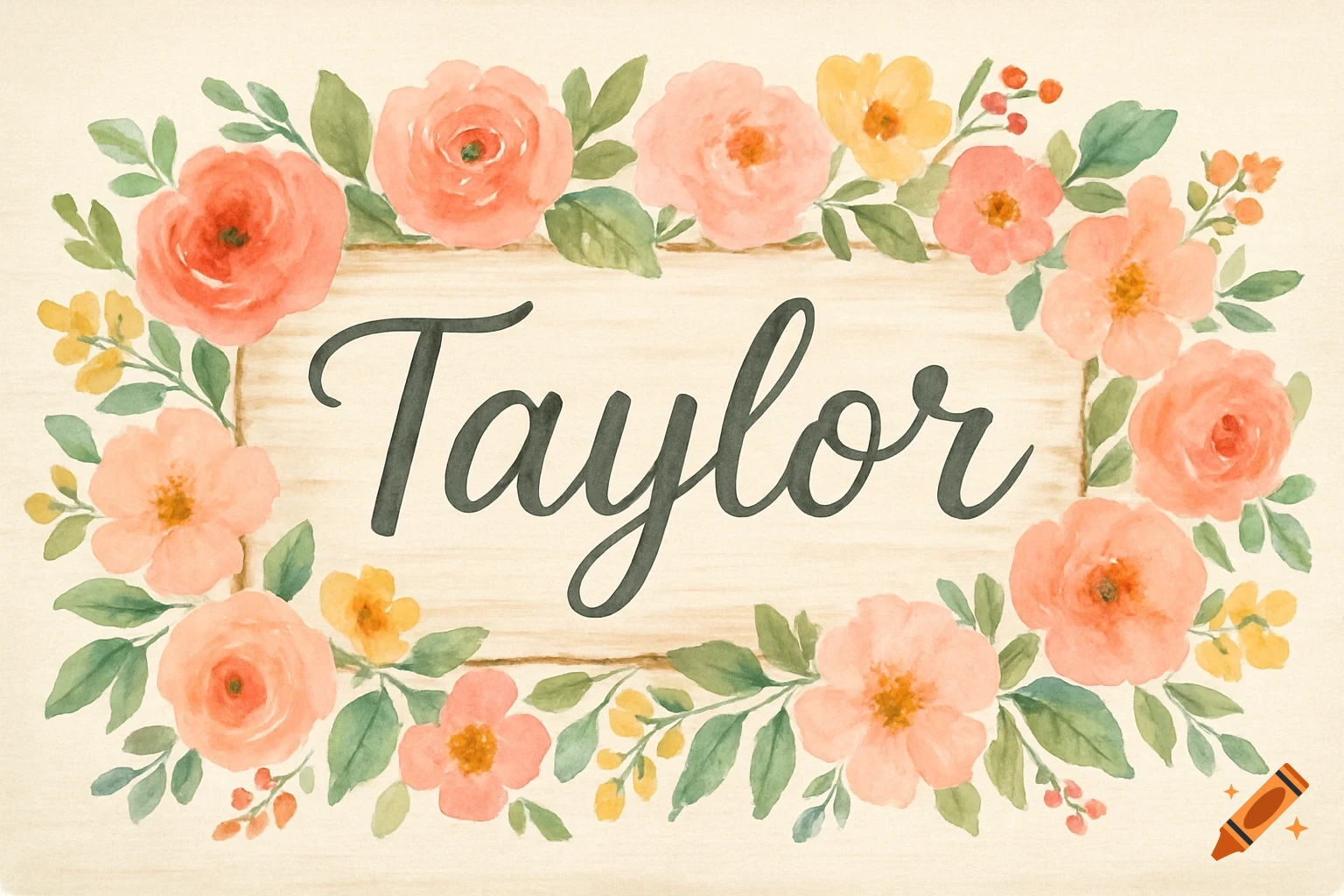 Watercolor sign with the name Taylor and a frame of pink and yellow ...