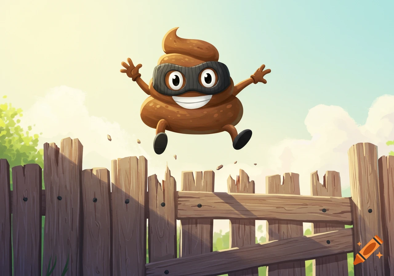 Cartoon poop emoji with a ski mask jumping over a wooden fence. on Craiyon