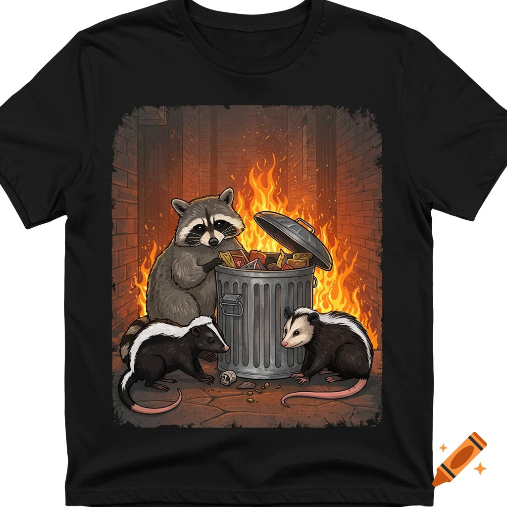 A distressed graphic illustration shows a raccoon, skunk, and opossum ...