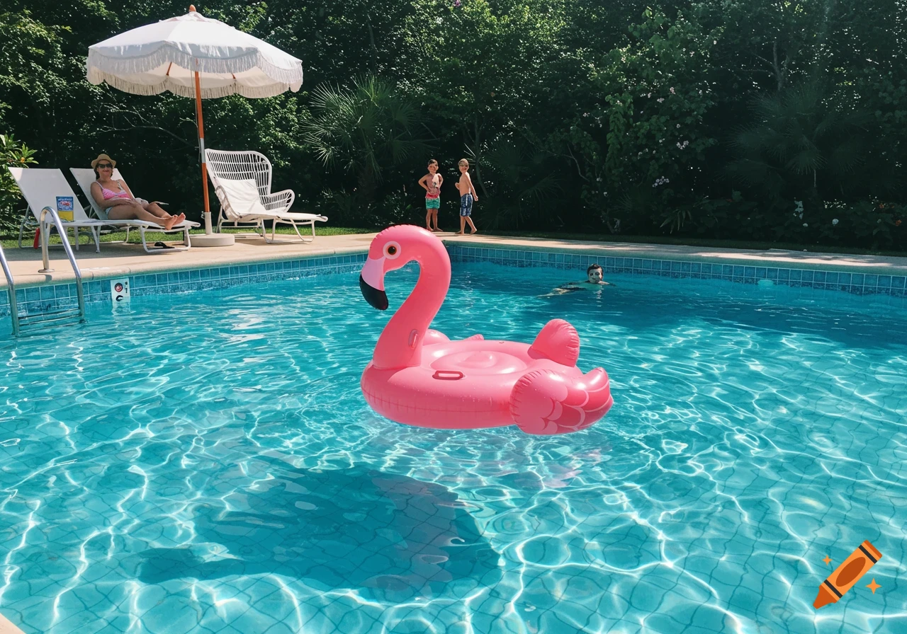 A swimming pool with a pink flamingo float, people swimming and ...