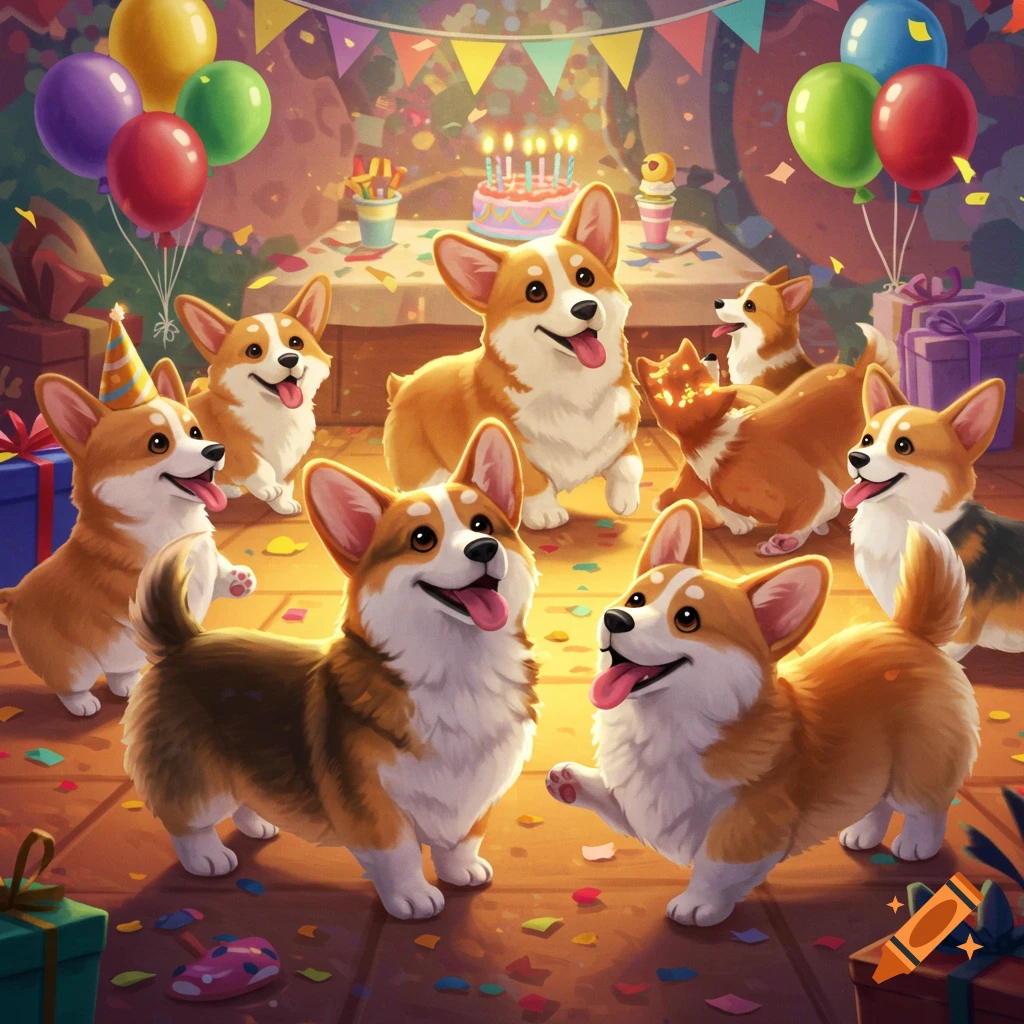 Cute corgis at a birthday party with balloons, cake, and presents in a ...