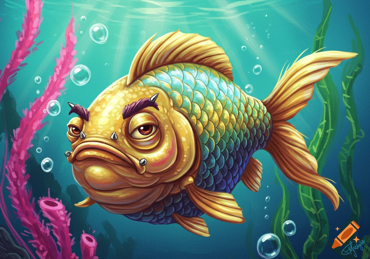 A cartoon-style fat fish with piercing eyebrows is underwater. on Craiyon