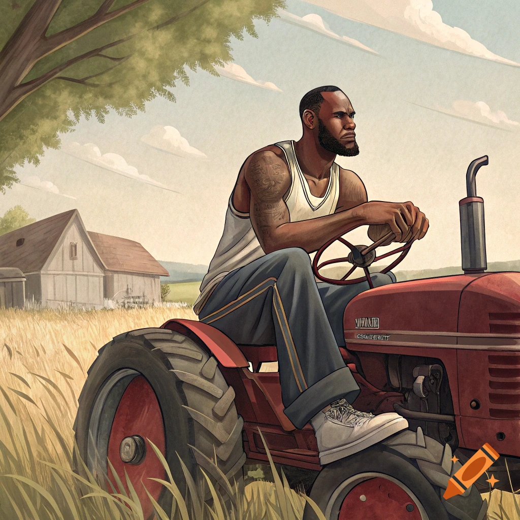 Illustration of Lebron James riding a red tractor through a field near ...