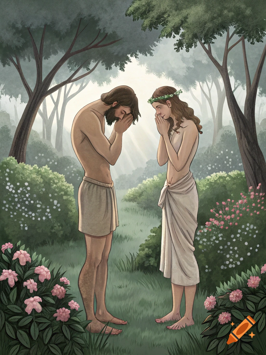 Illustration of Adam and Eve bowing their heads in shame in the Garden ...