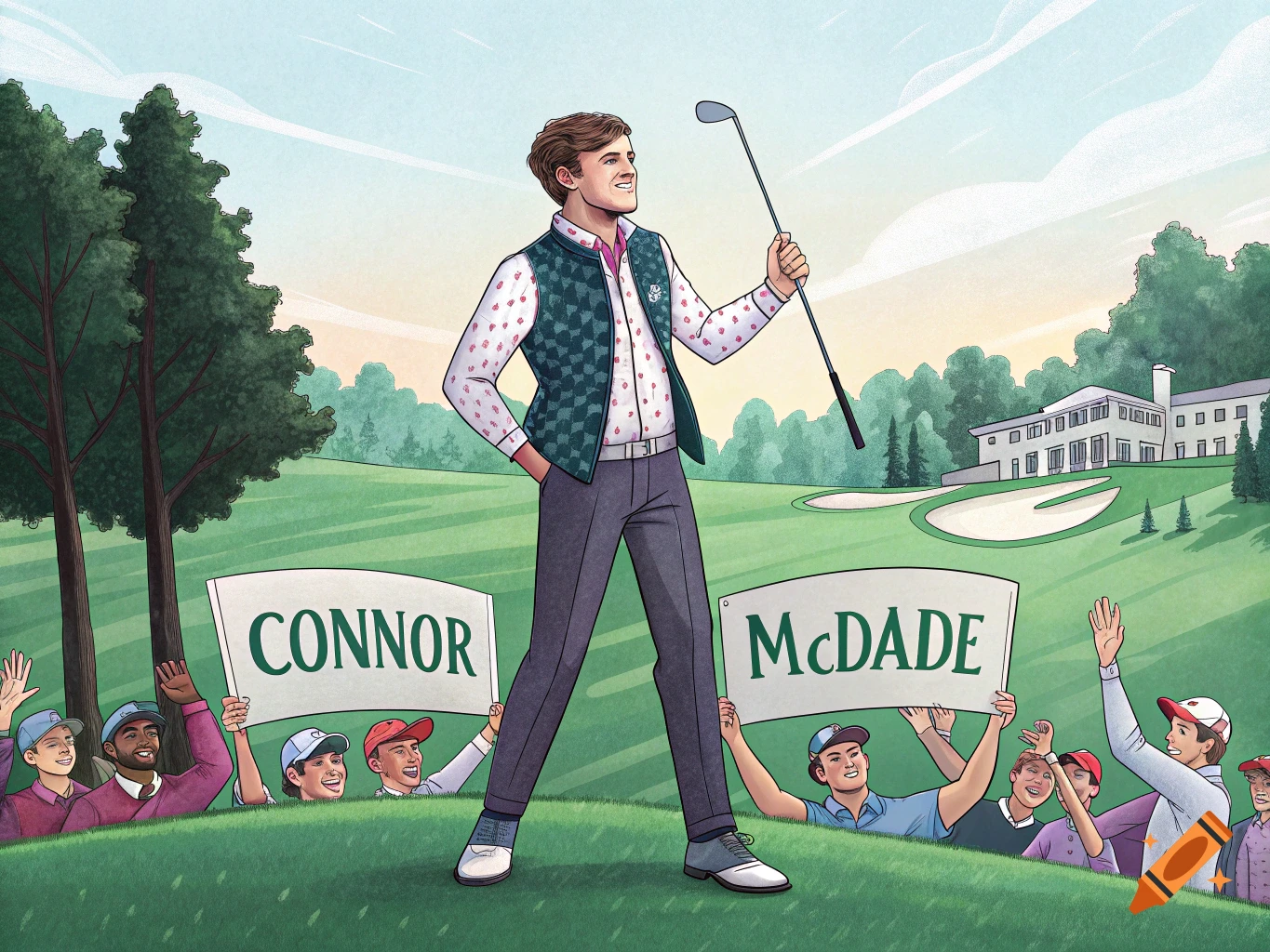 Cartoon illustration of a golfer holding a club, standing on a golf ...