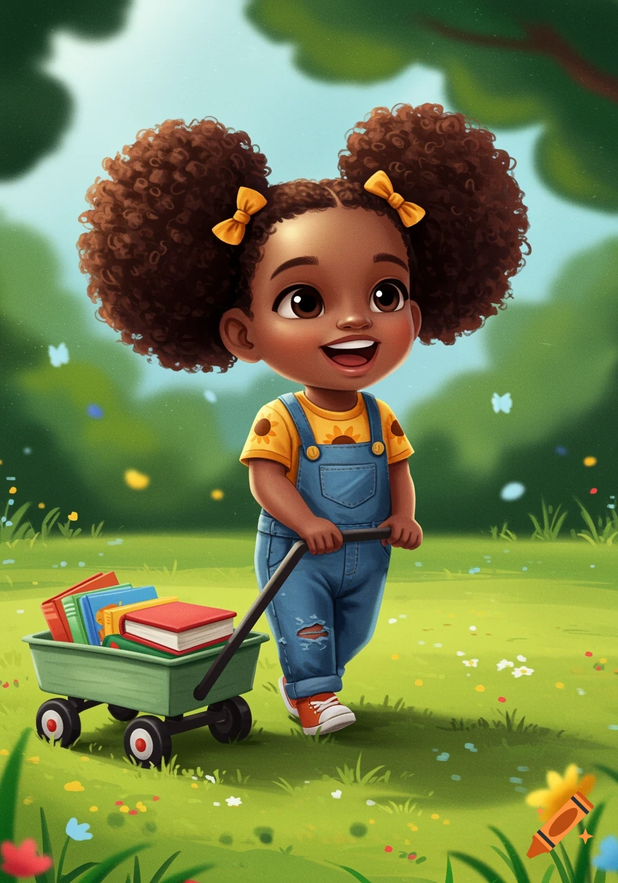 A cute cartoon Black girl with afro puffs pulls a green wagon full of ...