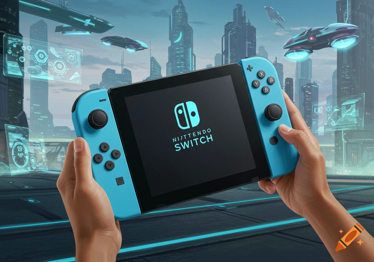 Hands hold a light blue Nintendo Switch in a futuristic city with ...