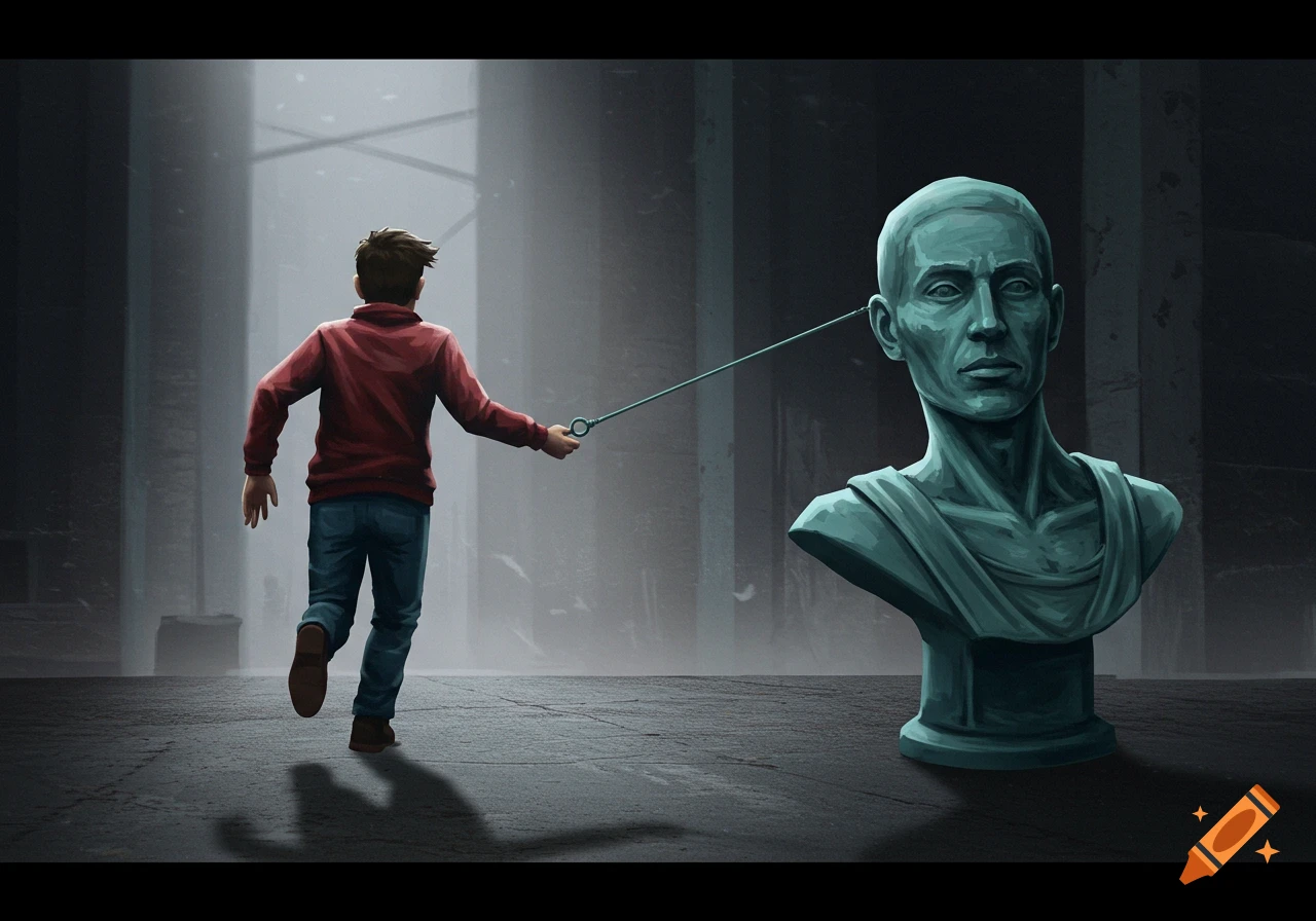 Illustration of a person running away from a bust of themselves ...