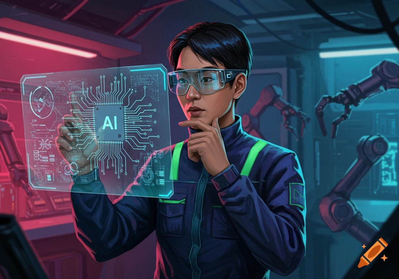 An electrical engineer in a lab interacts with a holographic screen ...