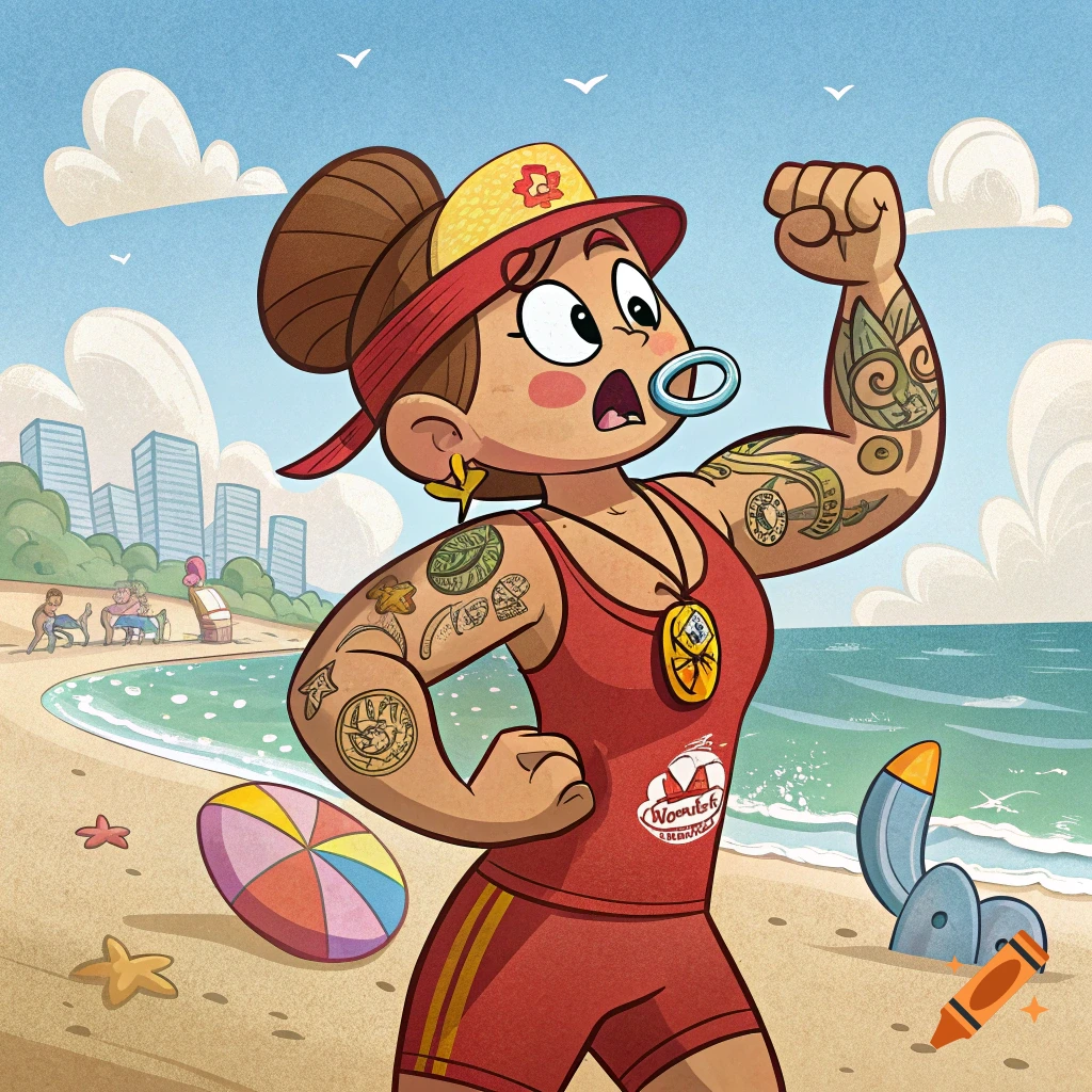 Cartoon of a female lifeguard with tattoos on her arms flexing on a ...