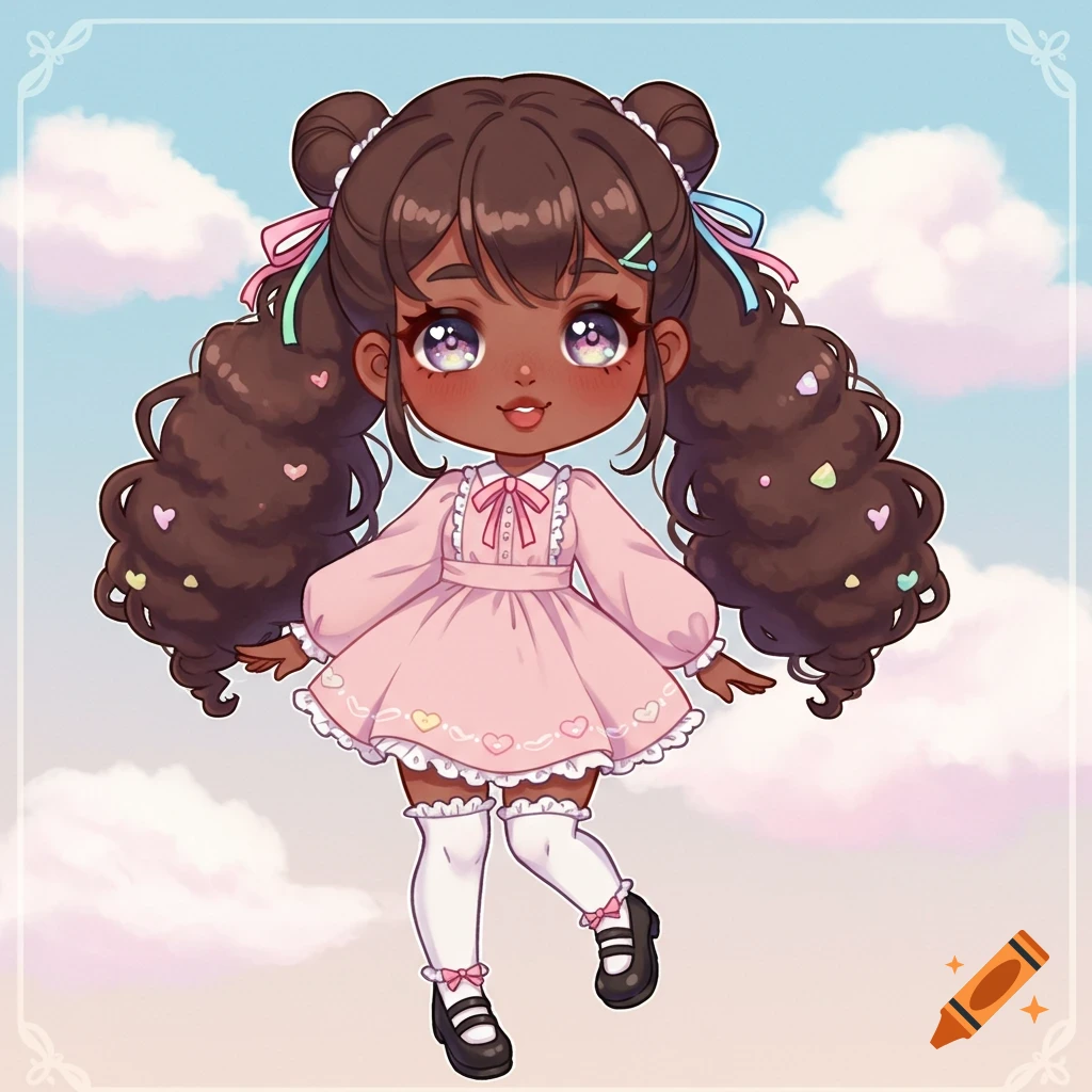 A cute chibi anime girl with dark brown curly hair, wearing a pink ...